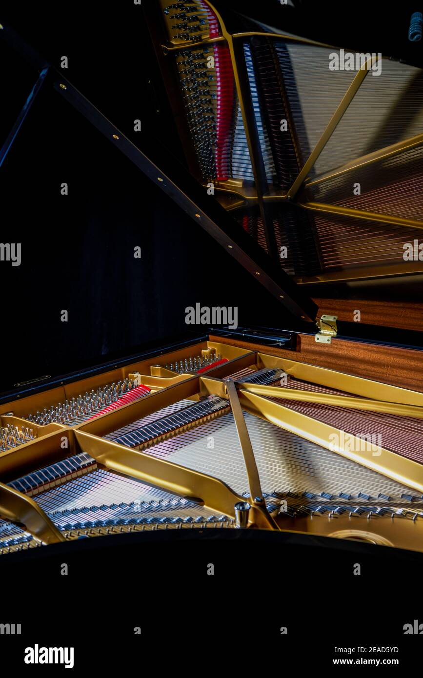A close-up of the internal string structure of a top grand piano Stock ...