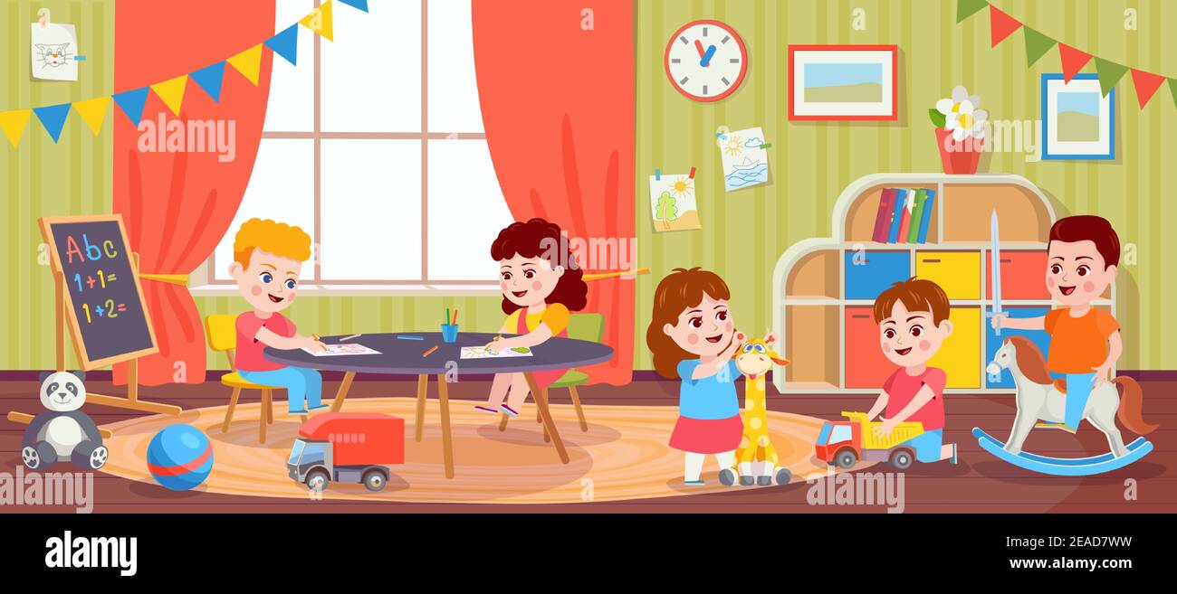 Children playing in room. Kids activity in kindergarten. Cartoon ...