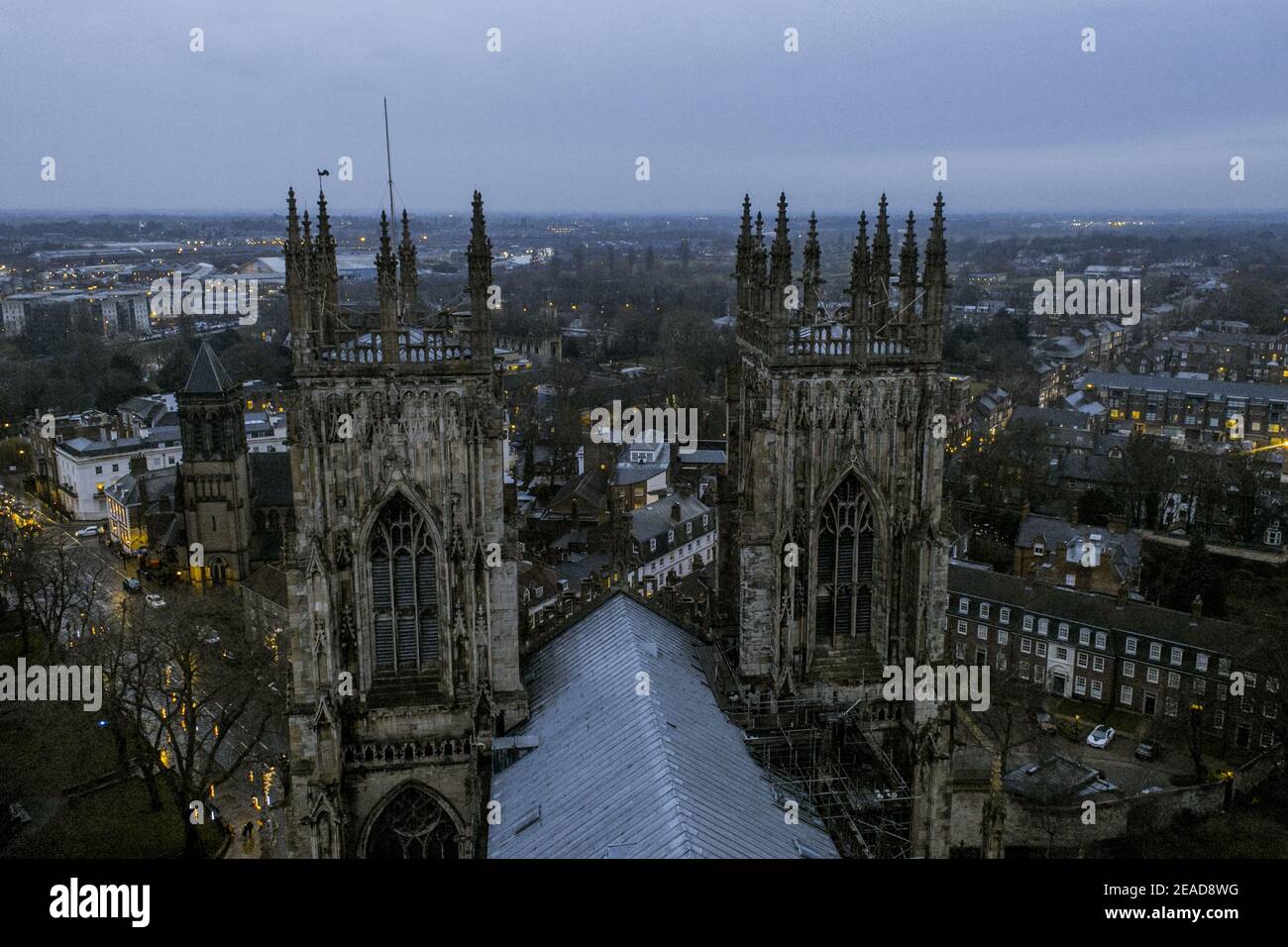 View of York Minster west towers from the top of the central tower of ...