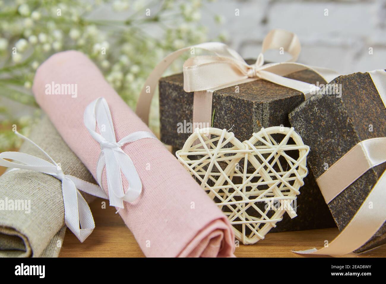 Handmade soap-scrub decorated with ribbons. Personal hygiene items ...