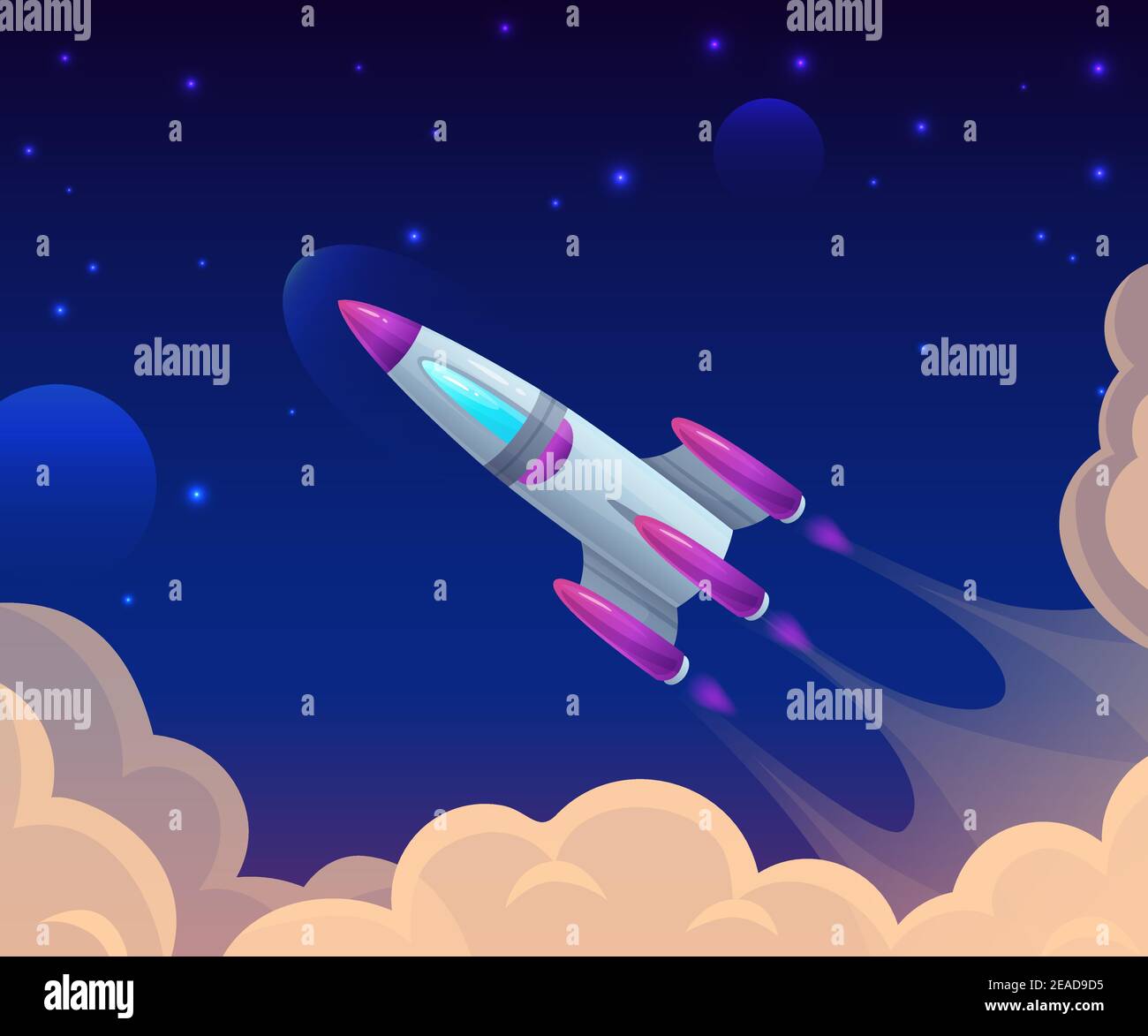 Rocket launch among clouds and sky. Cartoon spaceship flight in cosmos ...