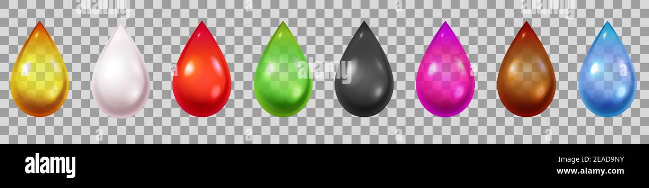 Realistic liquid drops. 3d droplets of water, blood, green and black ...