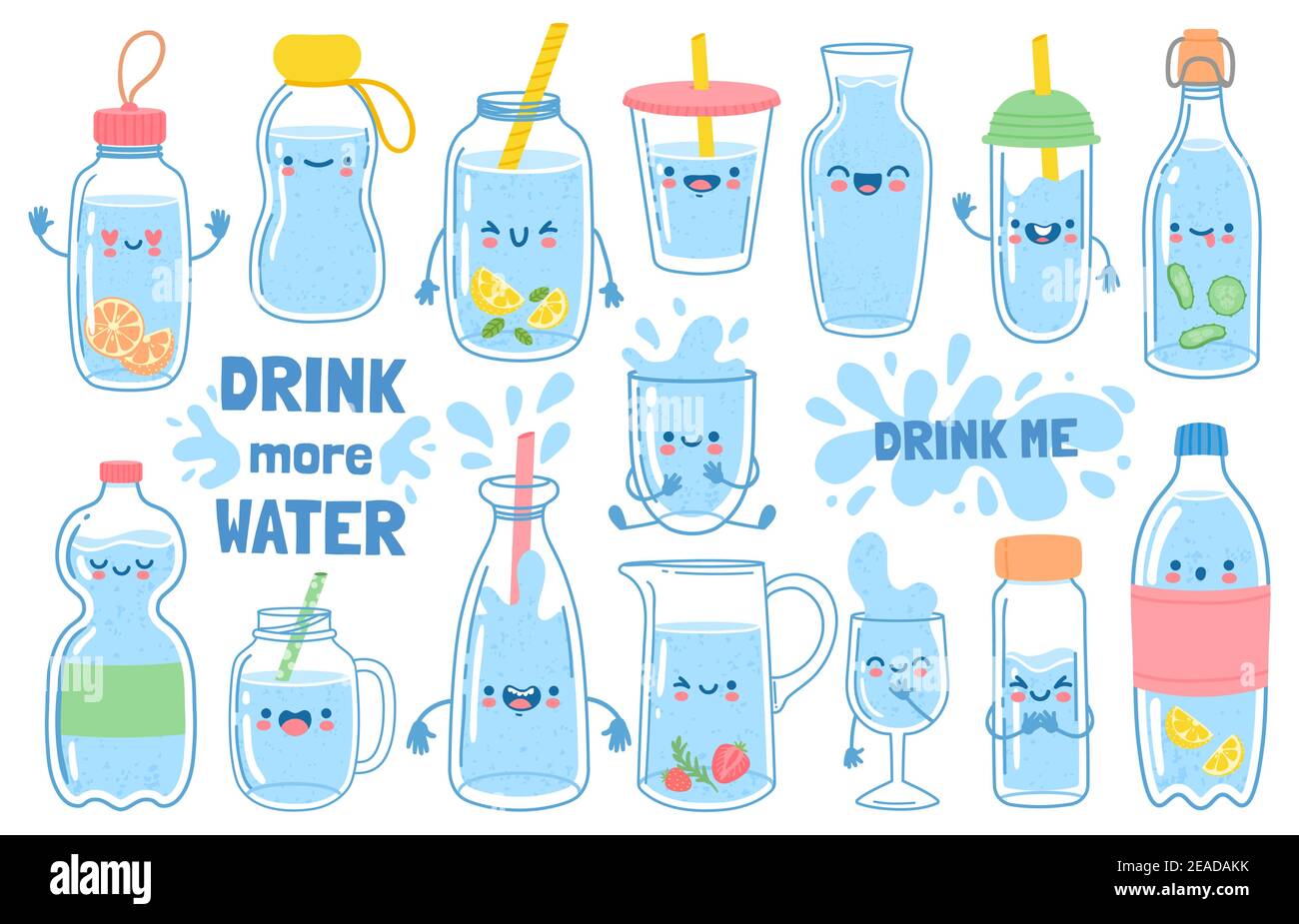 Drink more water. Bottles, glass and jug with funny cartoon faces ...