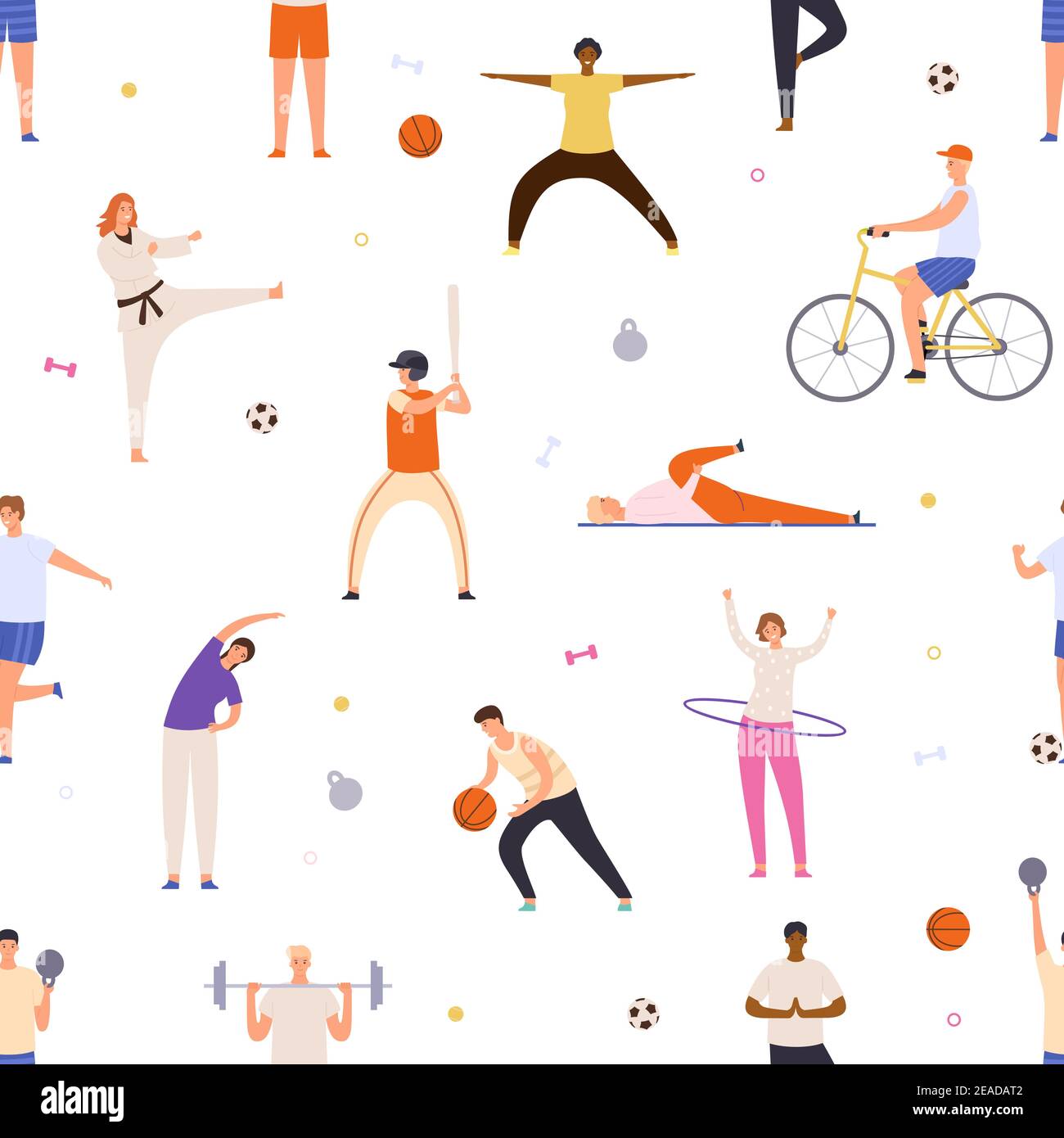 People exercise seamless pattern. Active man and woman do yoga, sport ...
