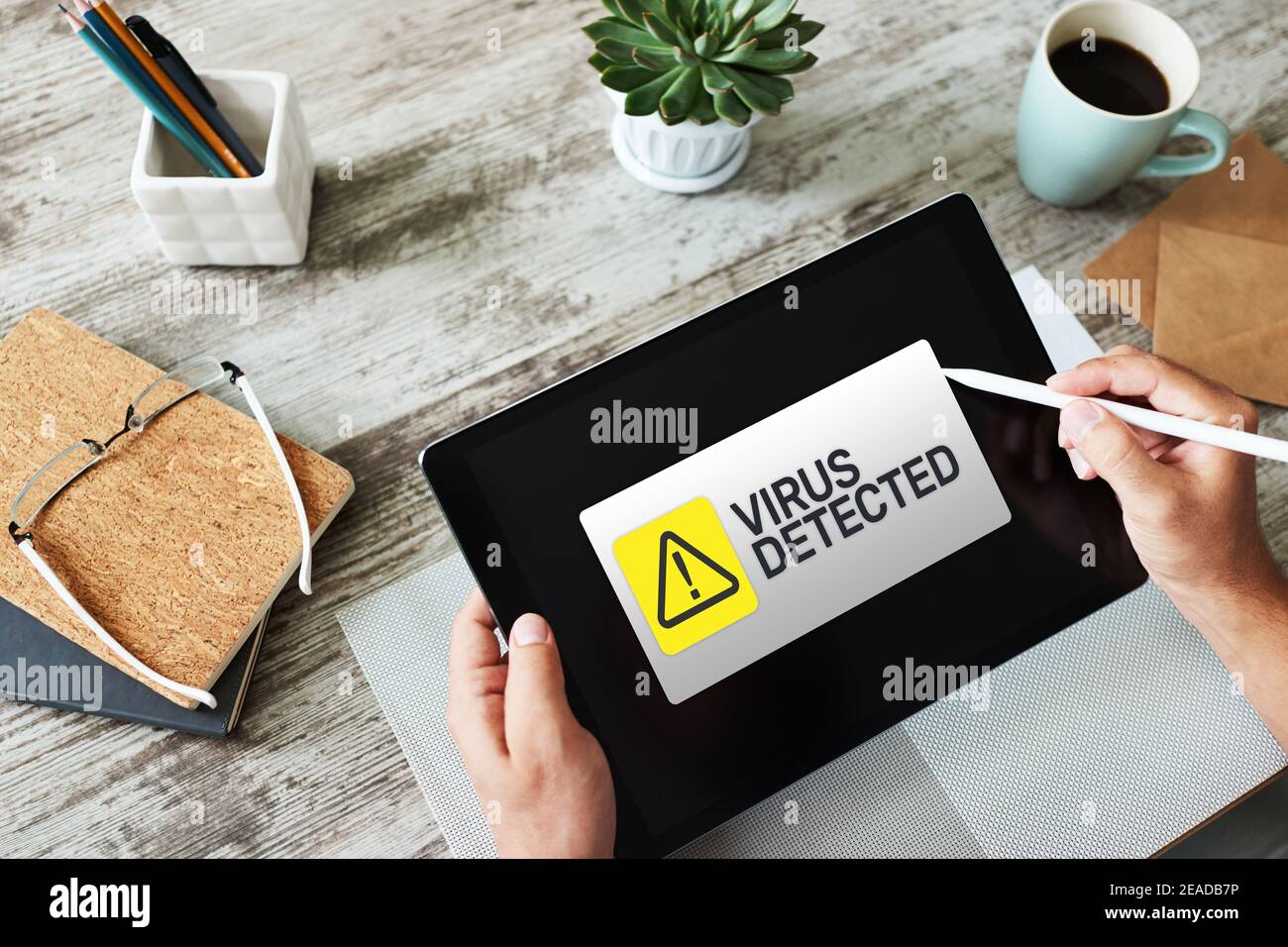 Virus Detected warning message on screen. Cyber security breach. Data ...