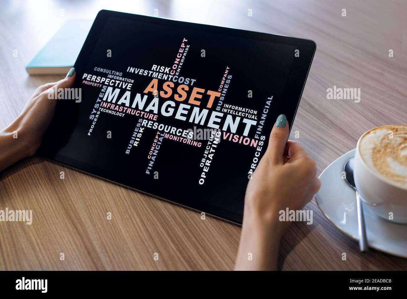 Asset management words cloud on screen. FInancial and Business concept ...