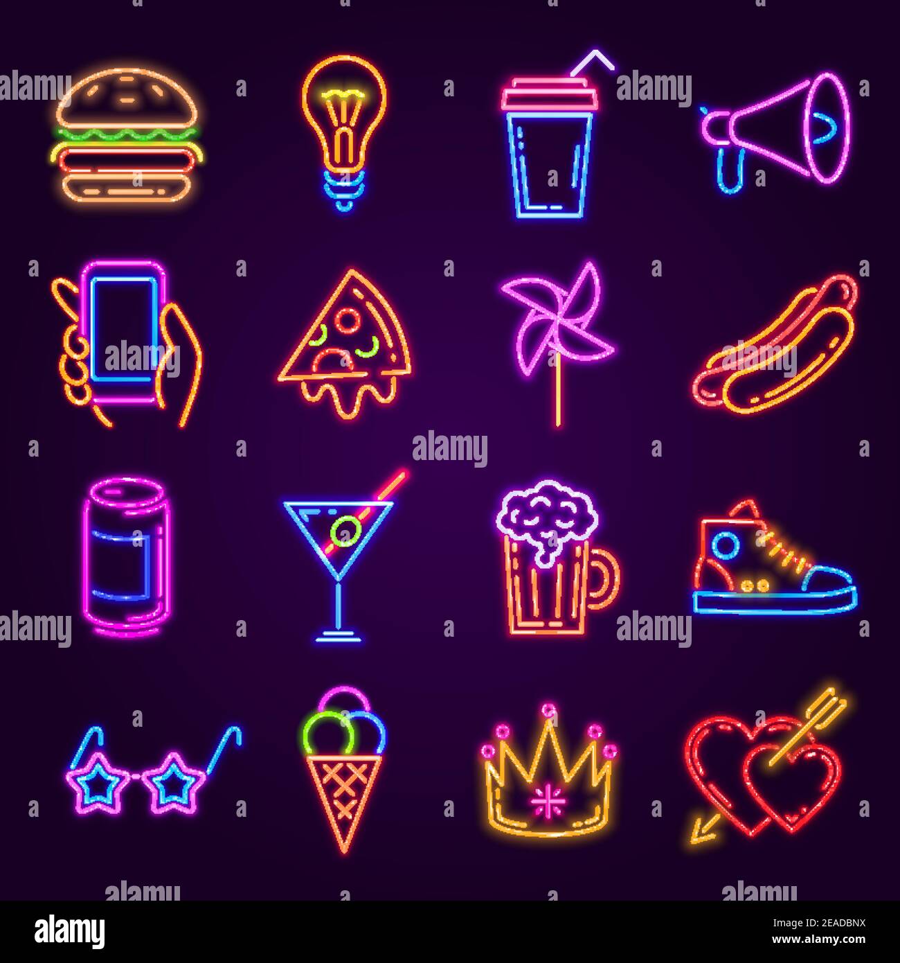 Neon icons. Glowing light for disco party. Night club or bar signs ...