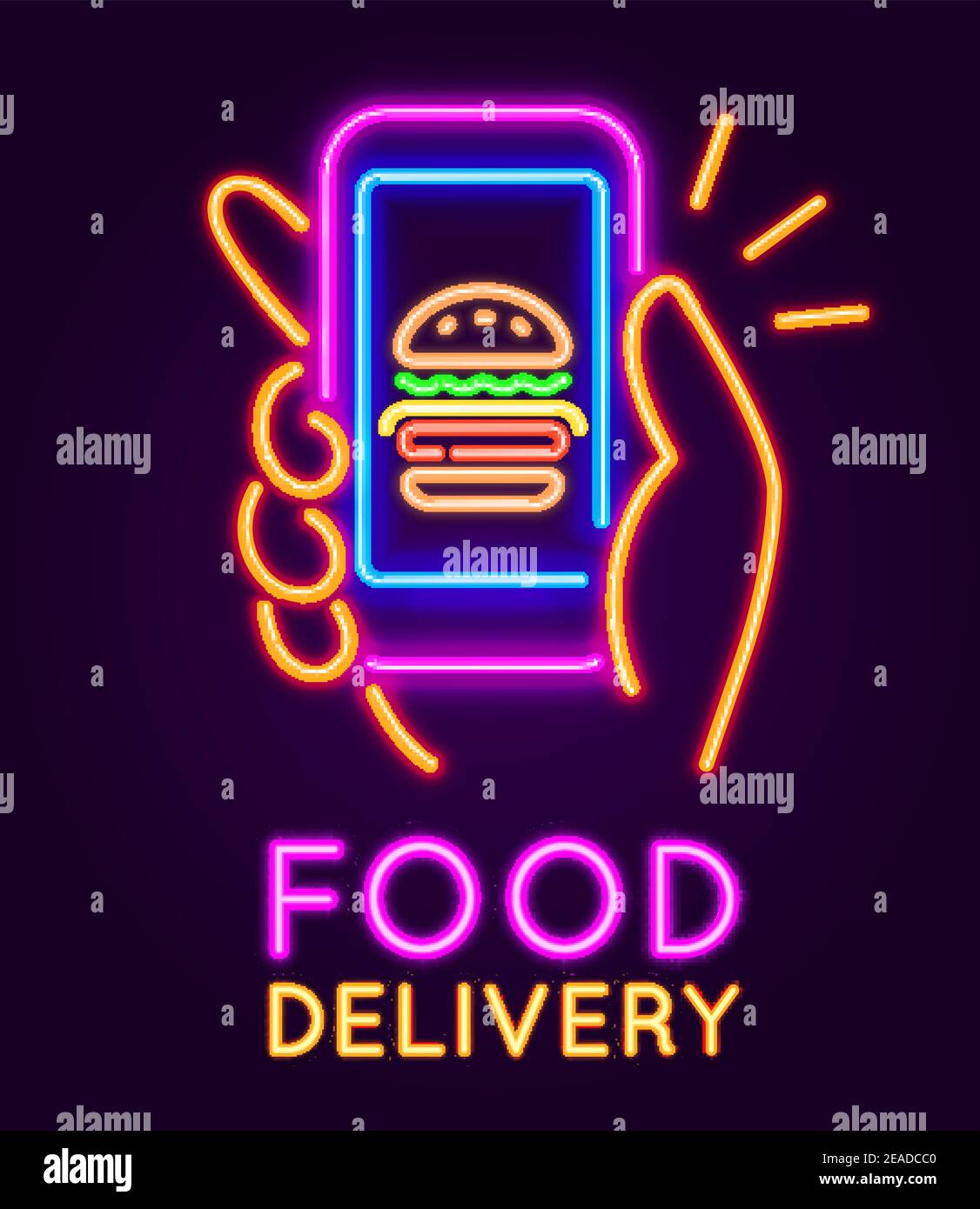 Food delivery neon sign. Glowing banner with hand holding smartphone ...