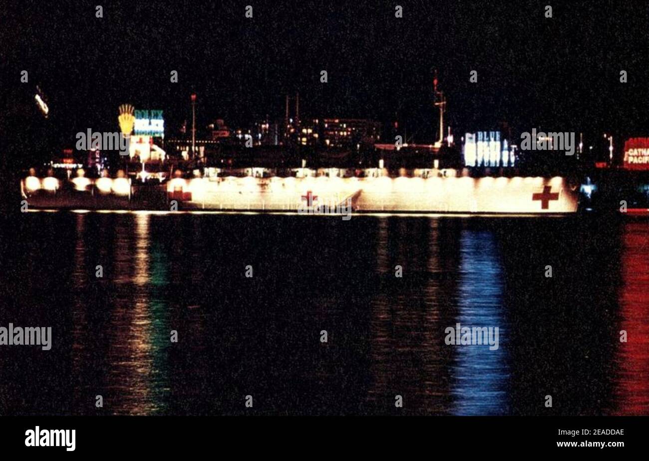 Night view of USS Sanctuary (AH-17) at Hong Kong, China, in July 1967 ...