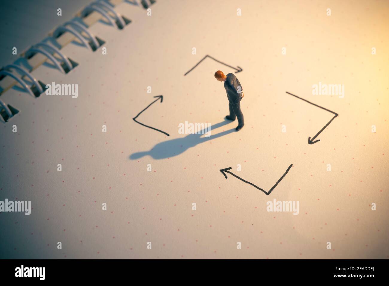 Business decision concept. Businessman thinking with many arrow path ...