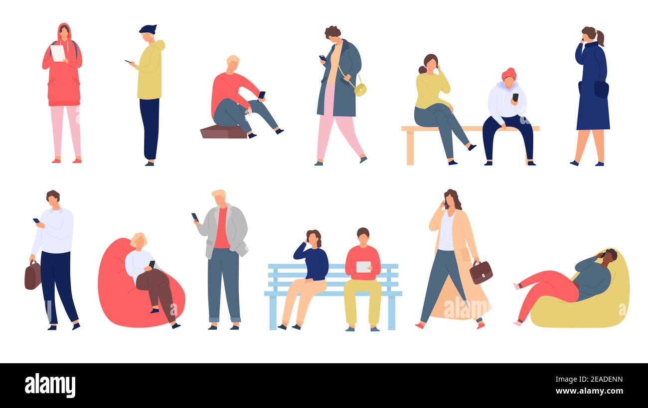 People with phones. Young men and women with smartphone standing and ...