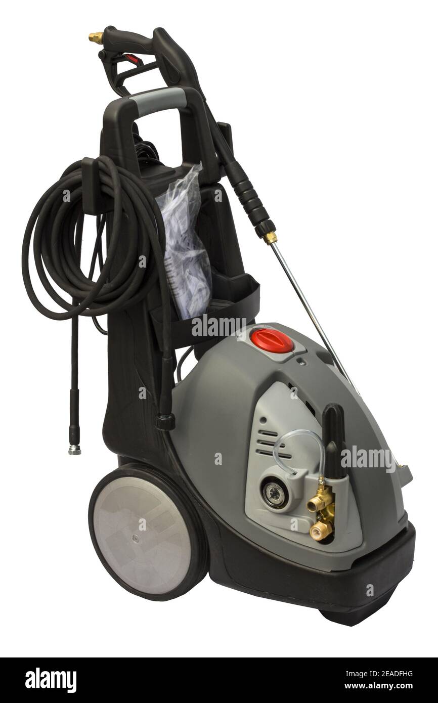 Vertical shot of a professional high-pressure washer isolated on a ...