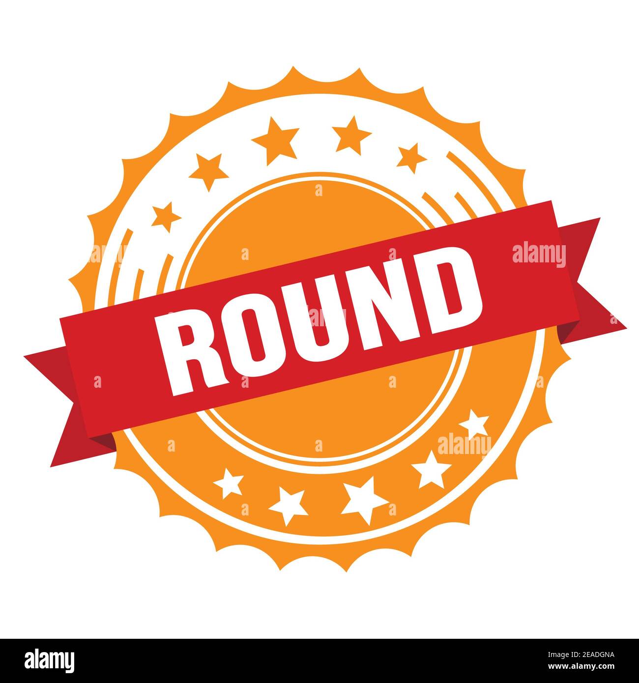 ROUND text on red orange ribbon badge stamp Stock Photo - Alamy