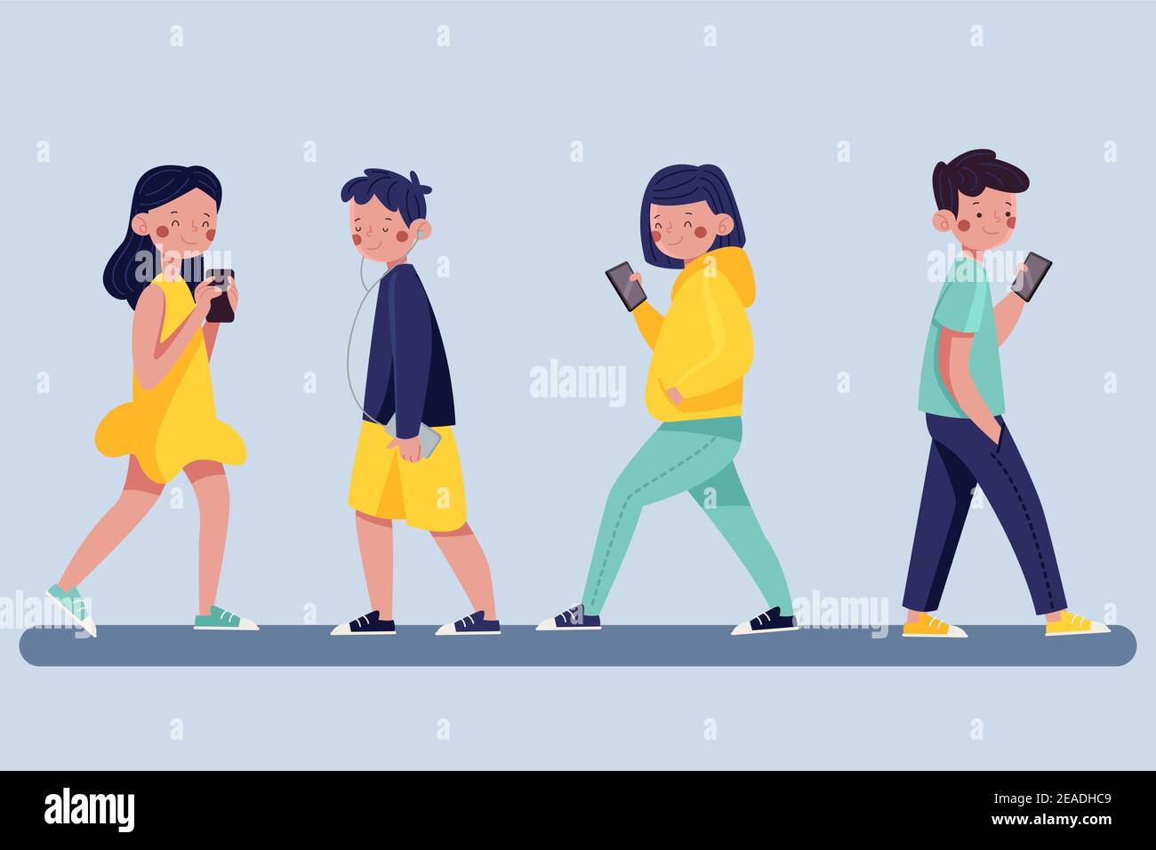 Flat-hand drawn young people using smartphones illustration Vector ...