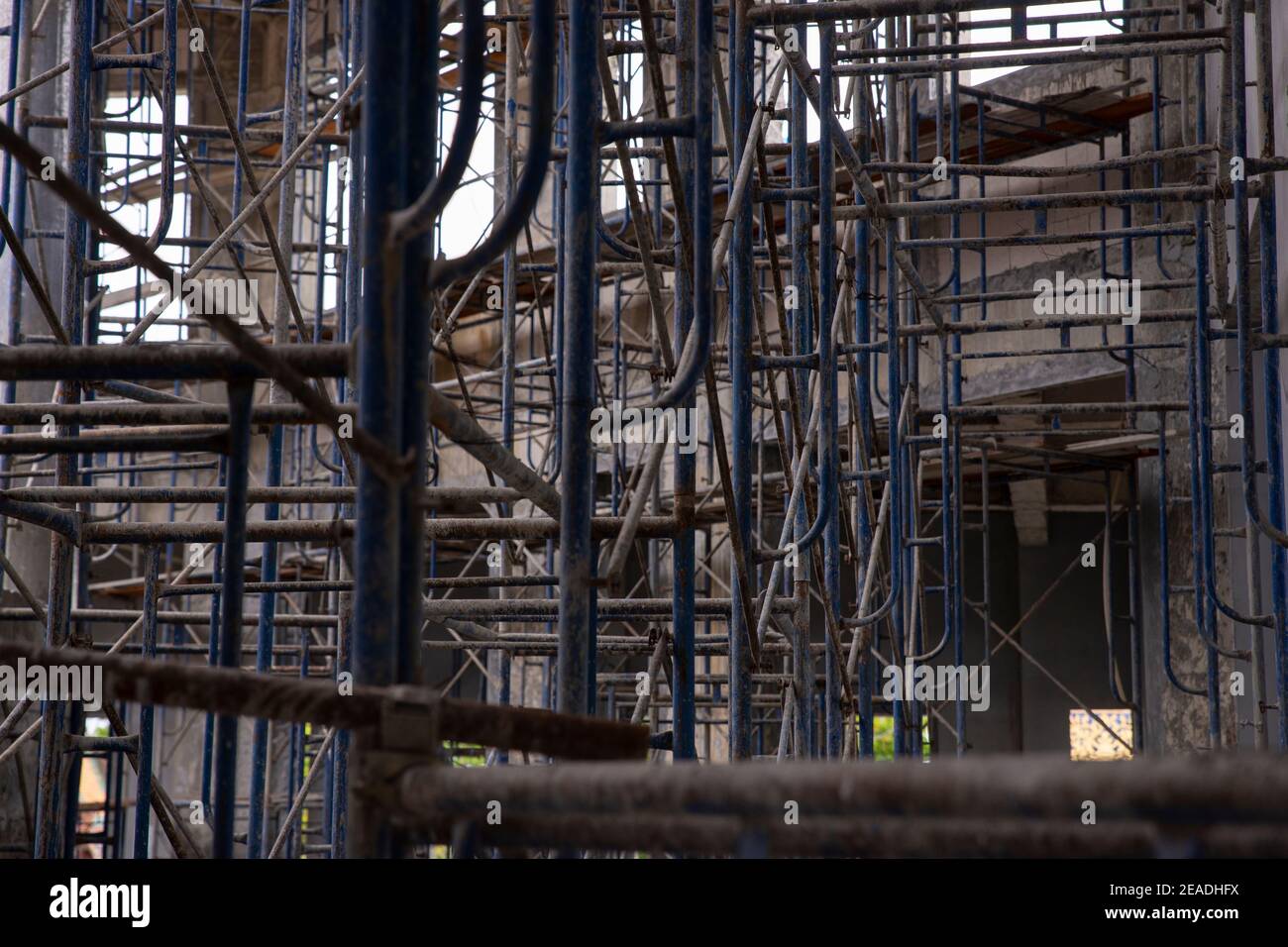 Messy iron cast scaffolding loacated in danger restict area of ...