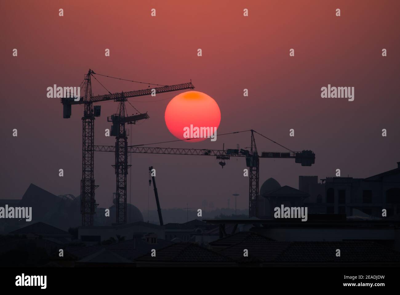 View of crane towers in Qatar, purple sunset scenery in the background ...