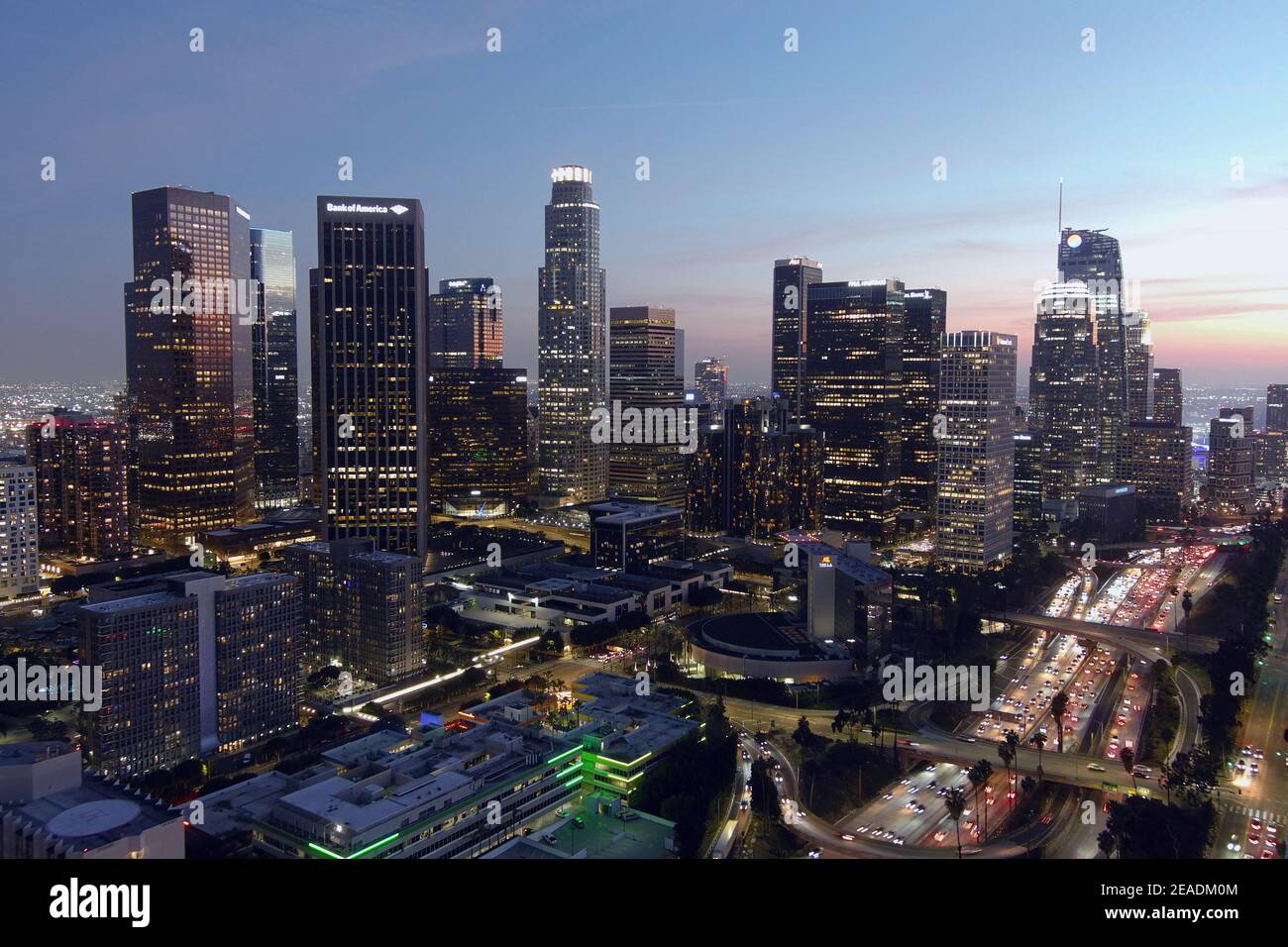 An aerial view of the downtown Los Angeles skyline on Monday, Feb. 8 ...