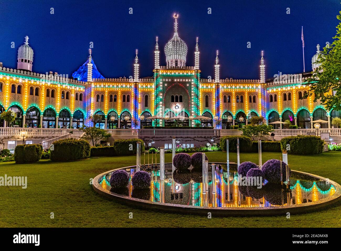 Night view of the Indian pavilion at Tivoli gardens amusement park in ...