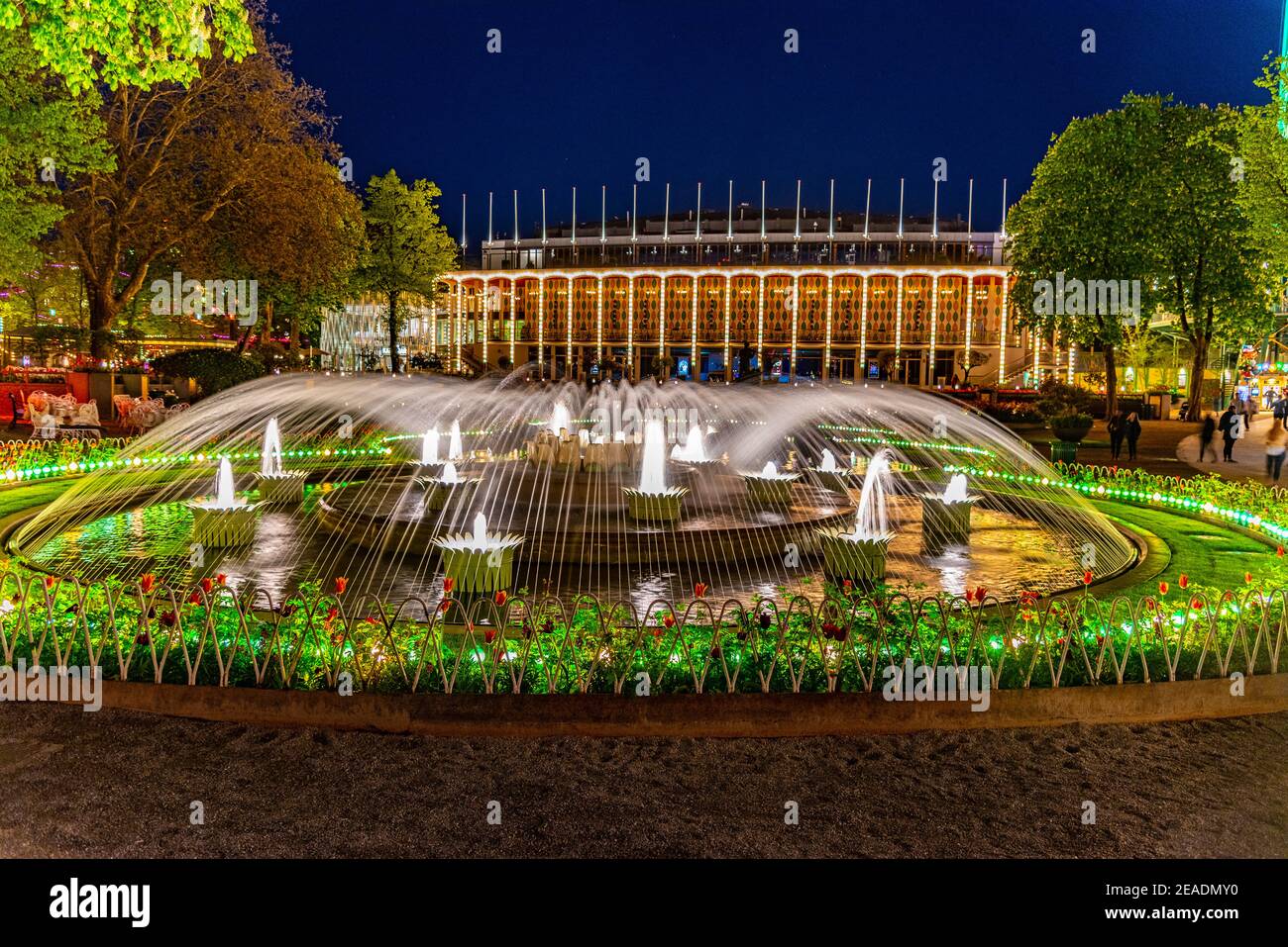 Night view of the Concert hall at Tivoli amusement park in Copenhagen ...