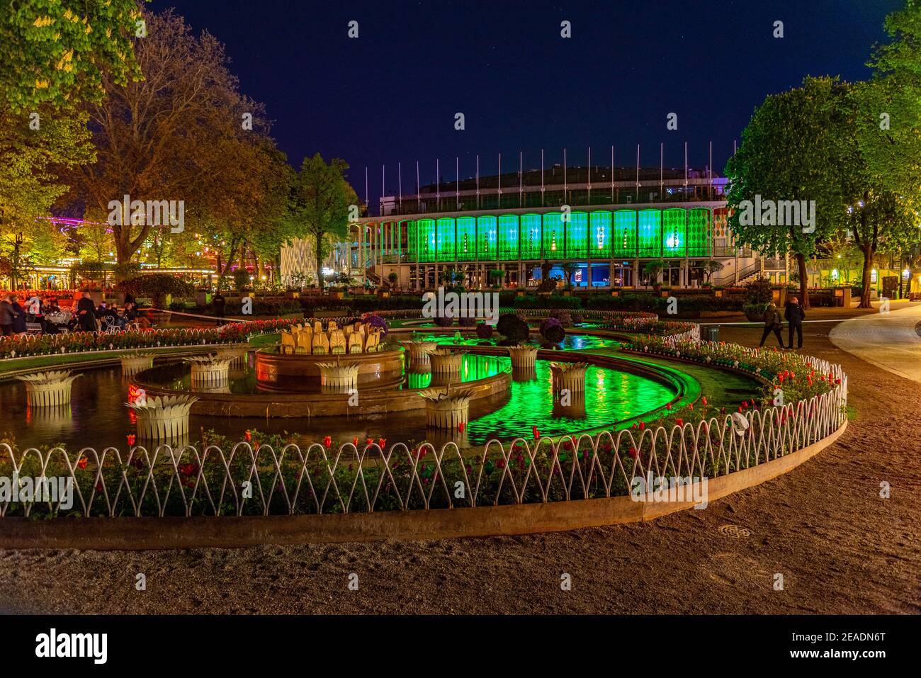 Night view of the Concert hall at Tivoli amusement park in Copenhagen ...