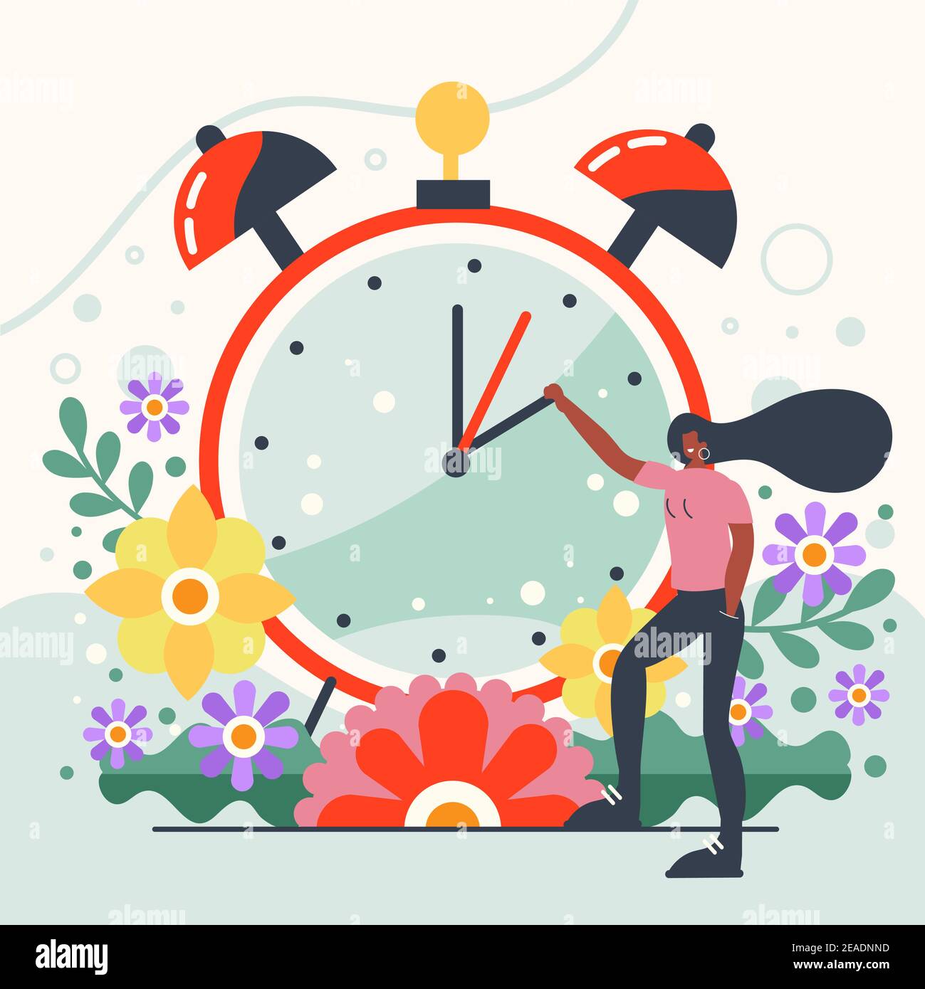 Spring time change illustration with woman and clock Vector ...