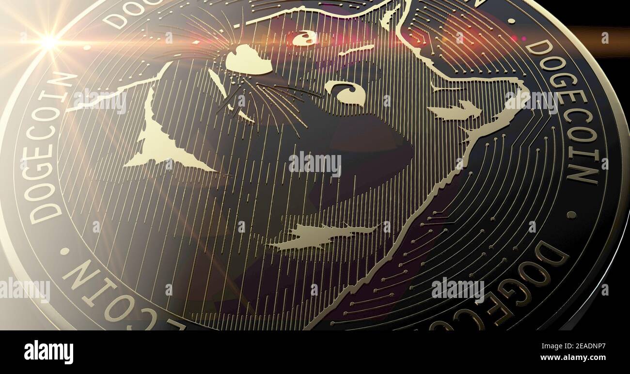 A closeup of a physical dogecoin cryptocurrency in gold and silver coin ...