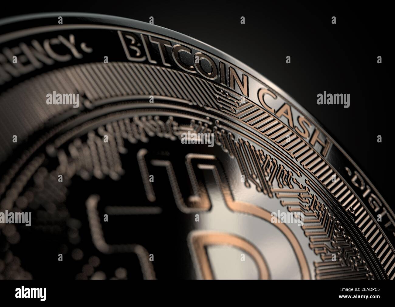 A dimly lit physical Bitcoin Cash cryptocurrency in bronze and silver ...