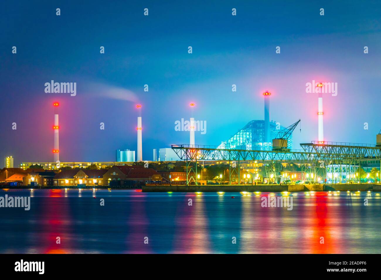 night view of a seaside factory in the danish capital Copenhagen Stock ...