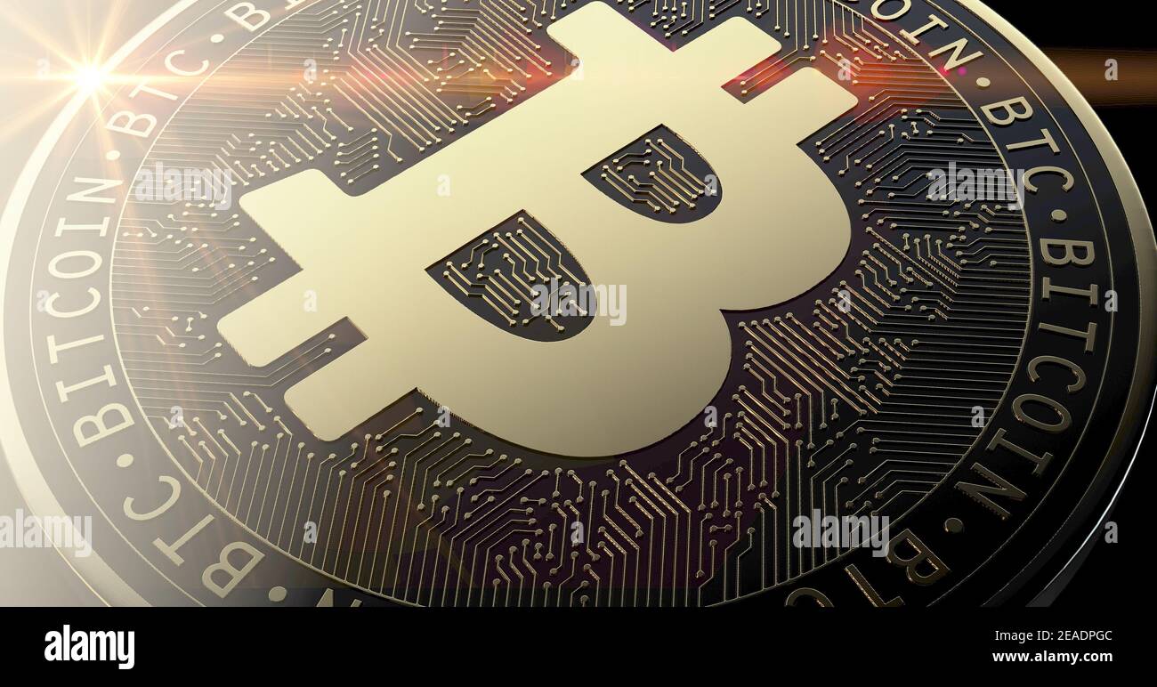 A closeup of a physical bitcoin cryptocurrency in gold and silver coin ...