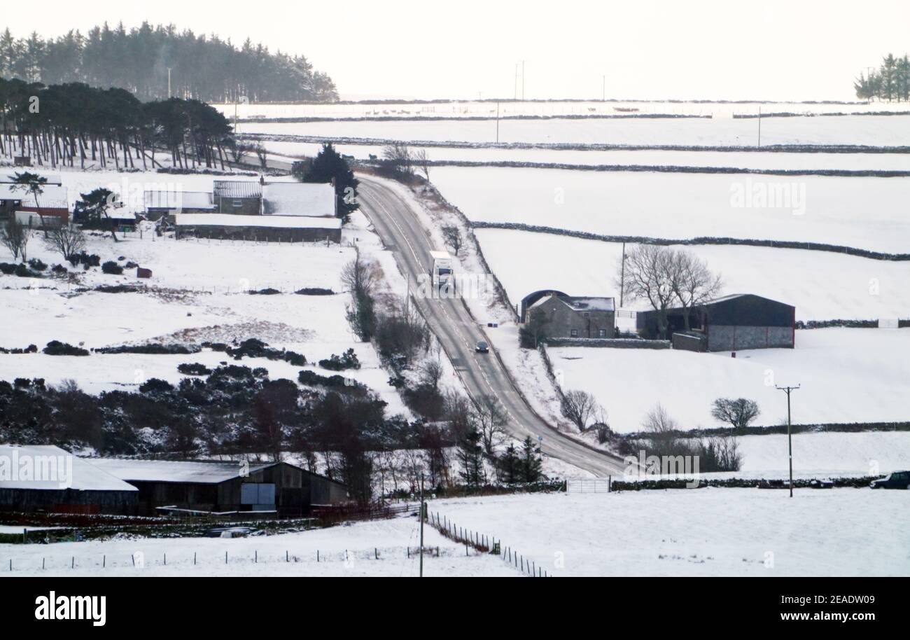 Snow covers fields near Castleside on the A68 in County Durham. Picture ...