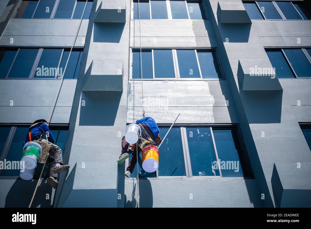 2 painters are hanging on ropes and harnesses paint the exterior of ...