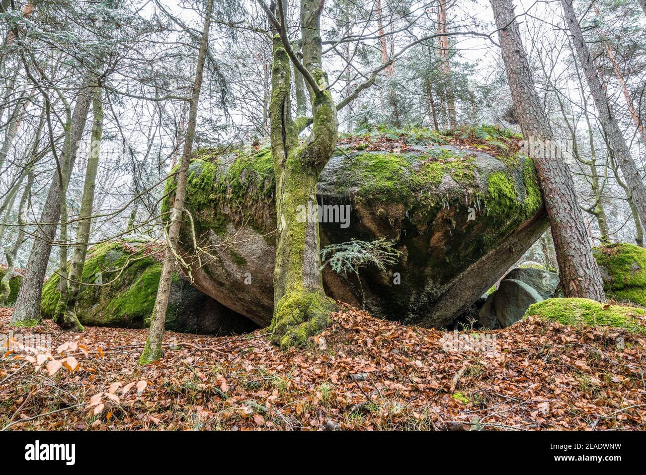 Ancient weathered megalithic granite rock formation with cave and ...