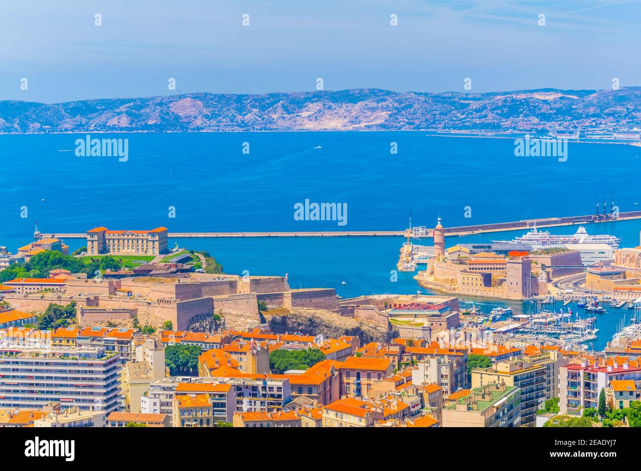 Aerial view of Fort Saint Jean, Fort Saint Nicholas and Pharo Palace at ...