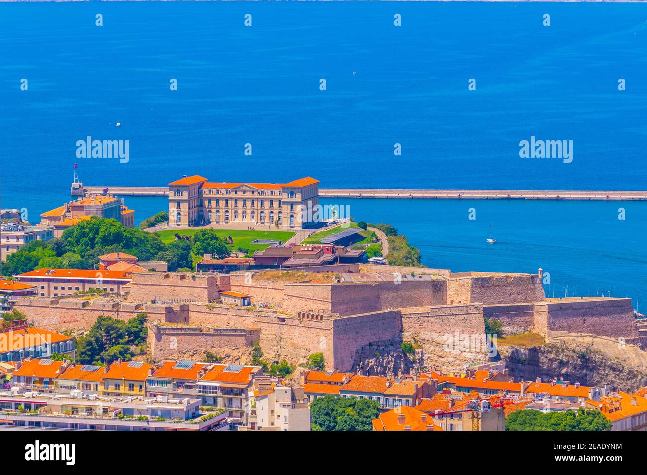 Aerial view of Fort Saint Nicholas and Pharo Palace at Marseille ...
