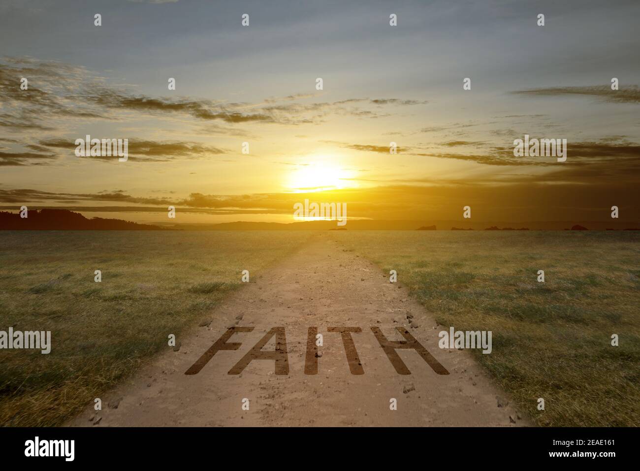 Faith text on the dirty road with a sunset sky background Stock Photo ...