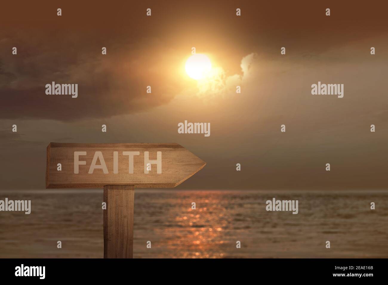 Faith text in wooden plank sign with a sunset sky background Stock ...