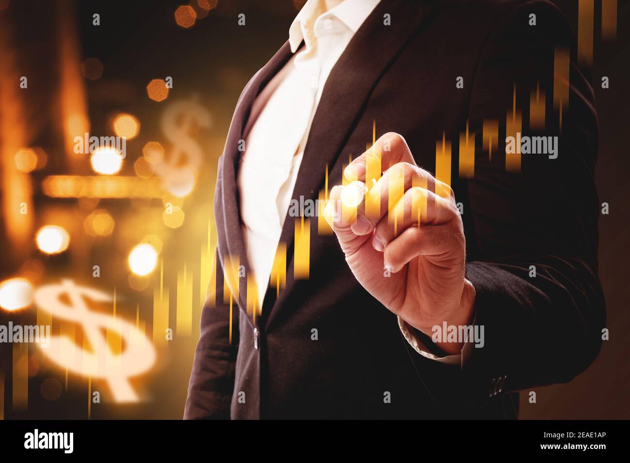 Businessman showing a dollar virtual bar chart with digital background ...