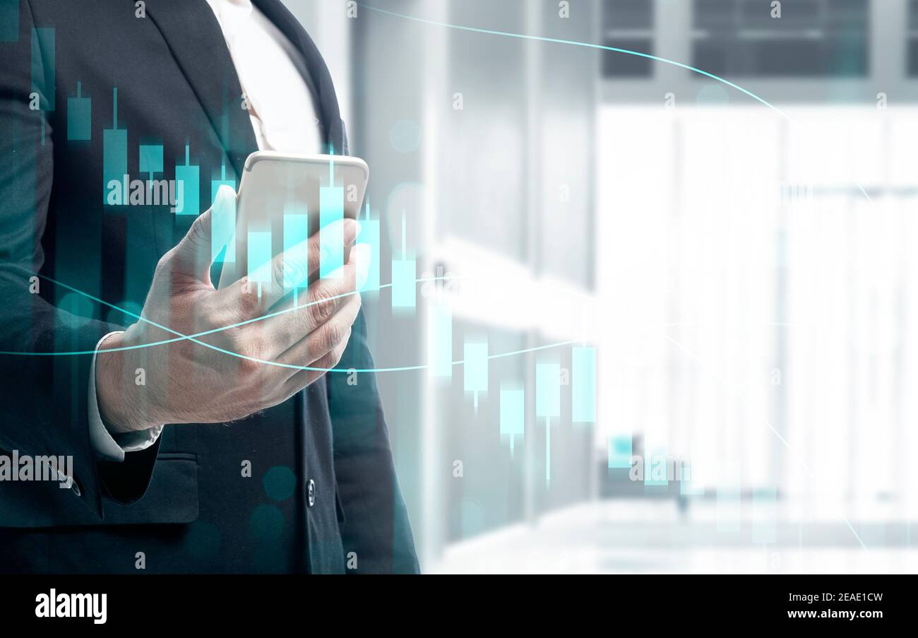 Businessman with mobile phone showing a dollar virtual bar chart with ...