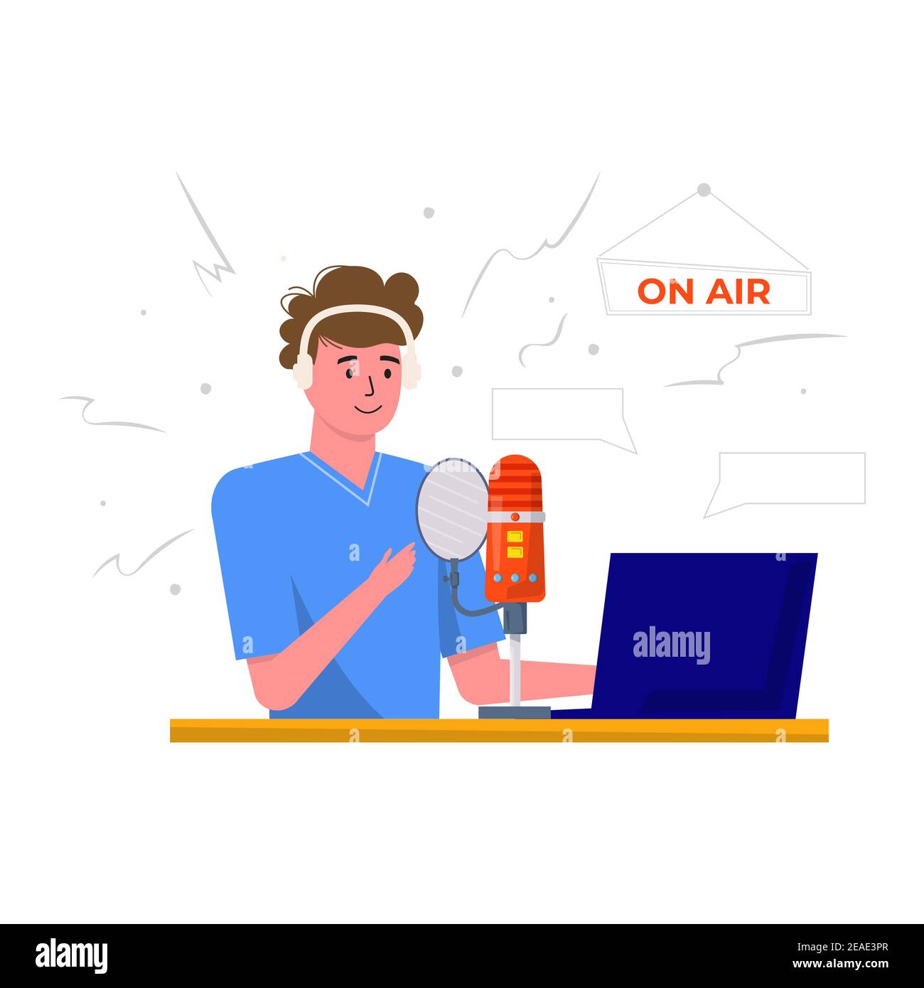 Podcaster listening and recording audio podcast, online show vector ...