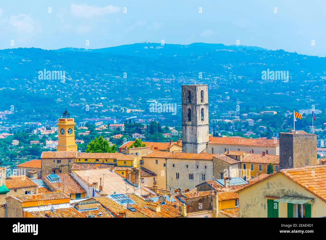 Aerial view of Grasse dominated by the cathedral and town hall, france ...