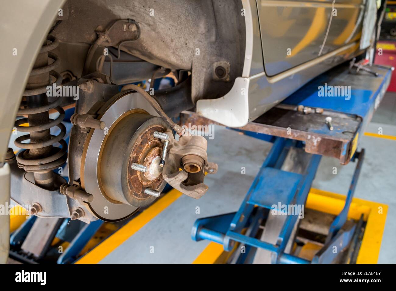 Disc brake of the car during the maintenance at auto service,closeup ...