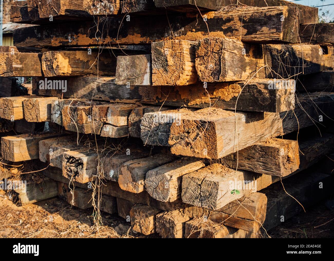 Pile of old wooden railway sleepers Stock Photo - Alamy