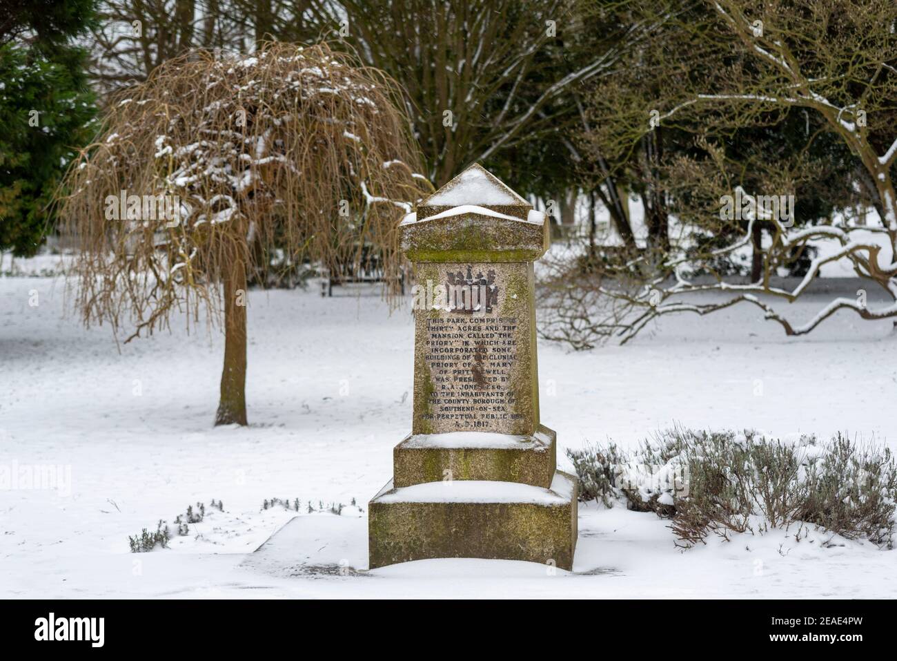 Commemorative stone in Priory Park in Southend on Sea, Essex, UK, with ...