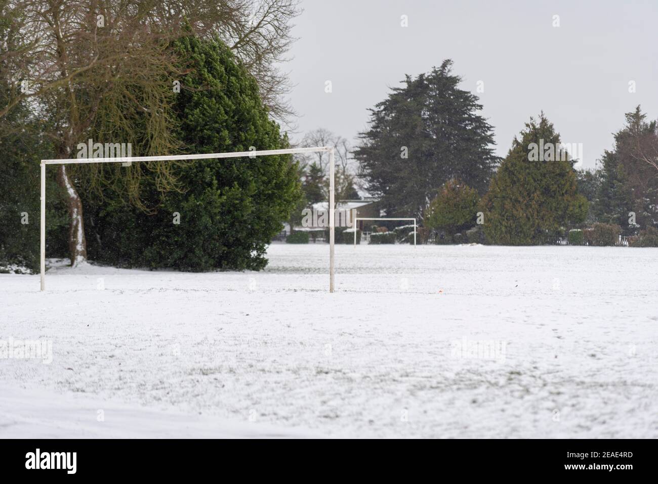 Football pitch in Priory Park in Southend on Sea, Essex, UK, with snow ...
