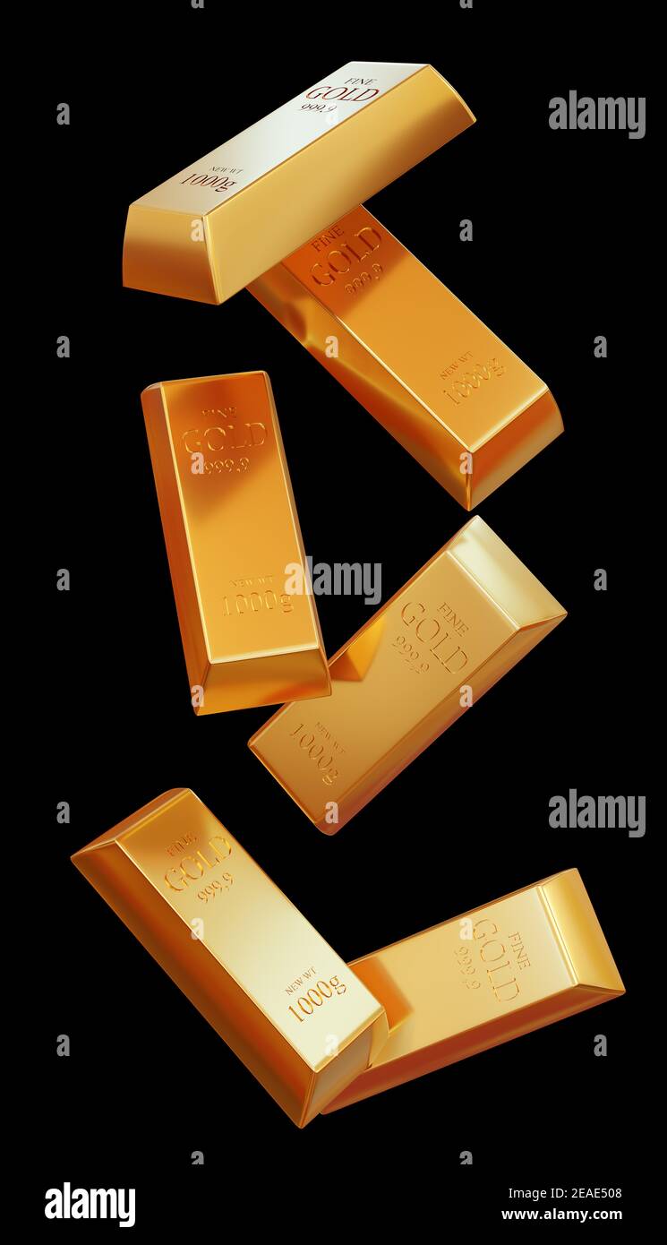 falling gold bars on a black background, 3D rendering Stock Photo - Alamy