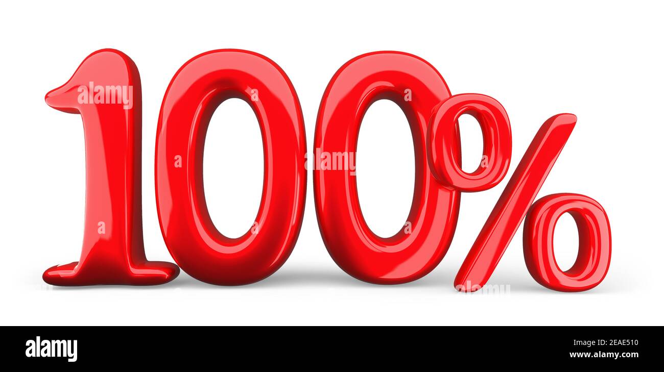 red one hundred percent, 100% symbol on a white background, 3d ...