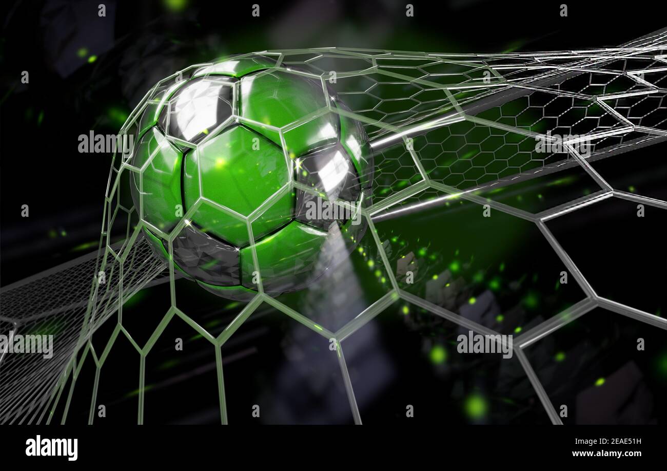 goal of soccer ball with green flash light flare in gate on a black ...