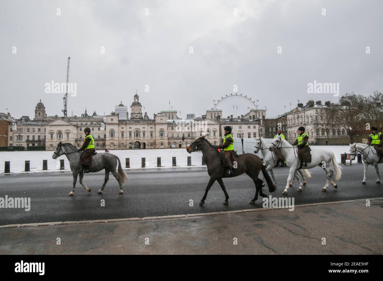 London, UK. 09th Feb, 2021. Heavy snow and cold in London, mounted ...