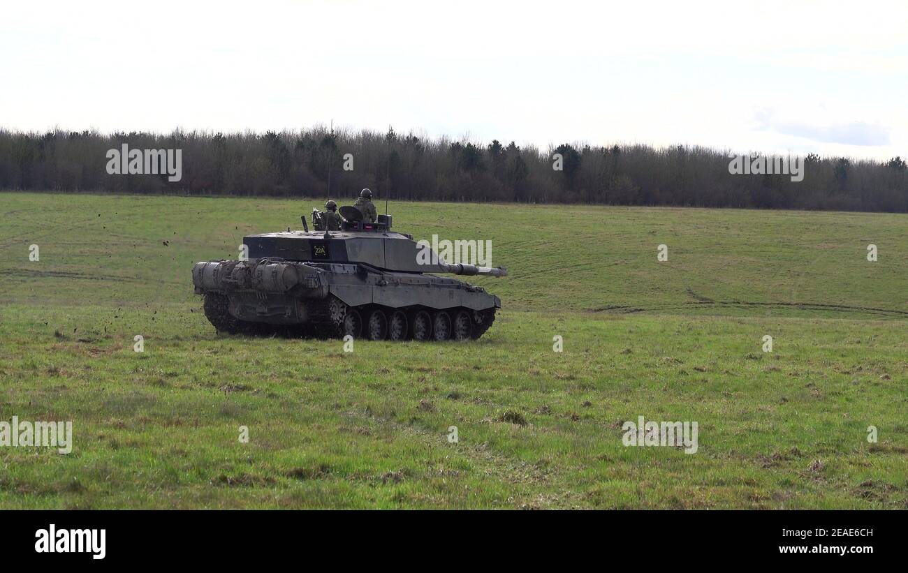close up of a British Army Challenger 2 main battle tank in action ...