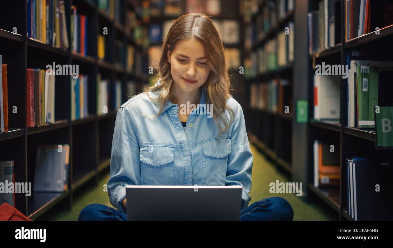 University Library Study: Smart Beautiful Caucasian Girl Sitting Cross ...